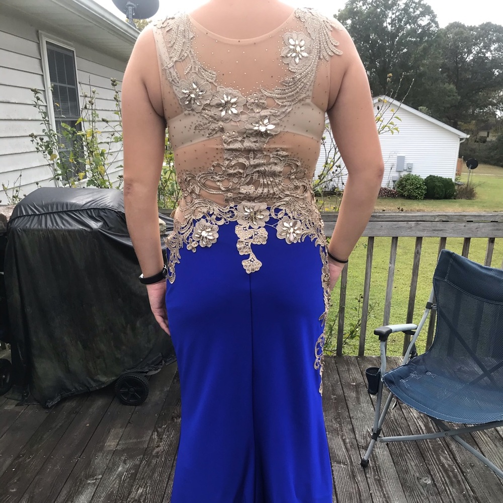 Cobalt Blue And Gold Prom Dress - Gem